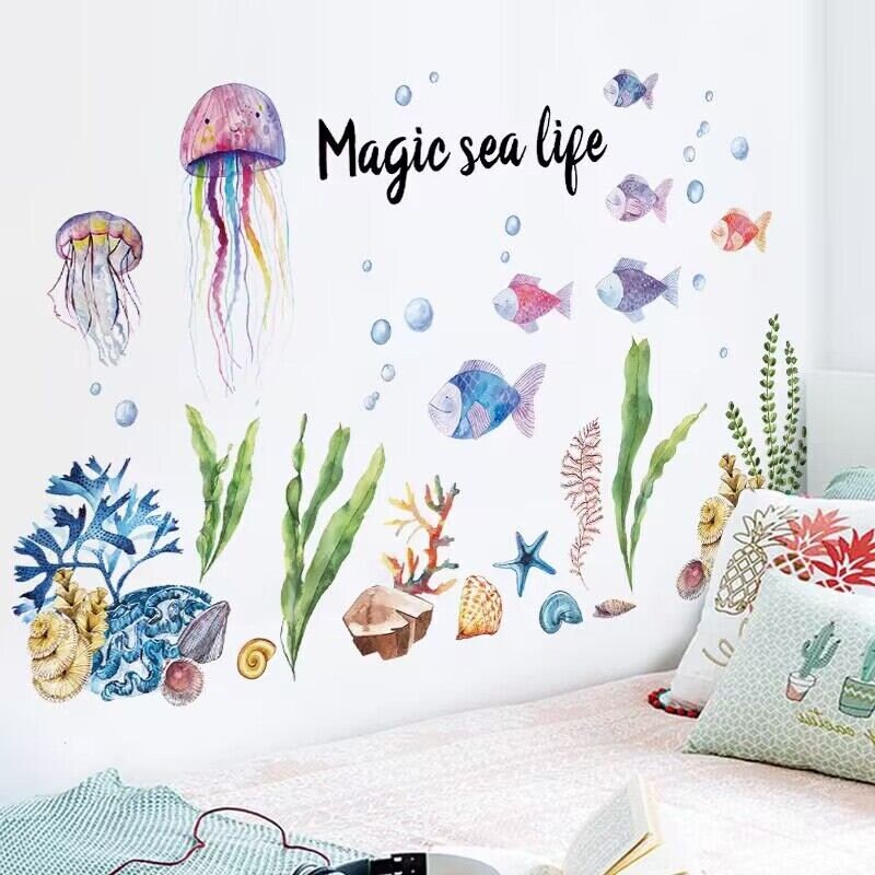 Under Sea World Watercolor Decals Coral Wall Sticker Seaweed Decal Fish ...