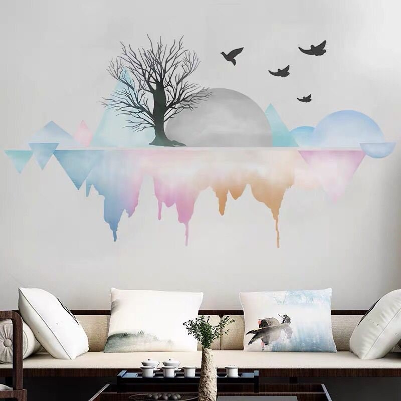 Mountain Water Silhouette Decals - Blue Nature Murals,tropical Home ...