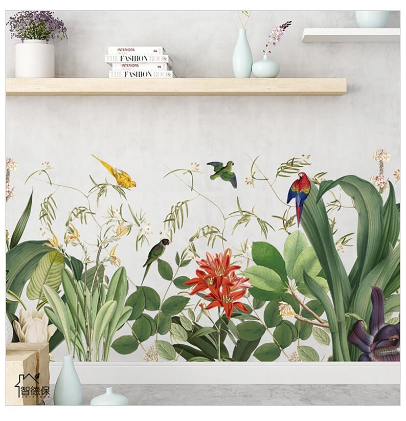 Tropical Plant Wall Sticker Green Plant With Red Flowers With Flying ...