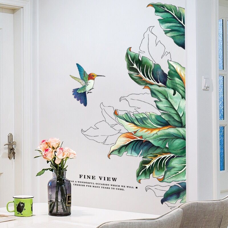 Tropical Green Leaf Wall Stickers Hand Painted Style Artistic Leaves ...